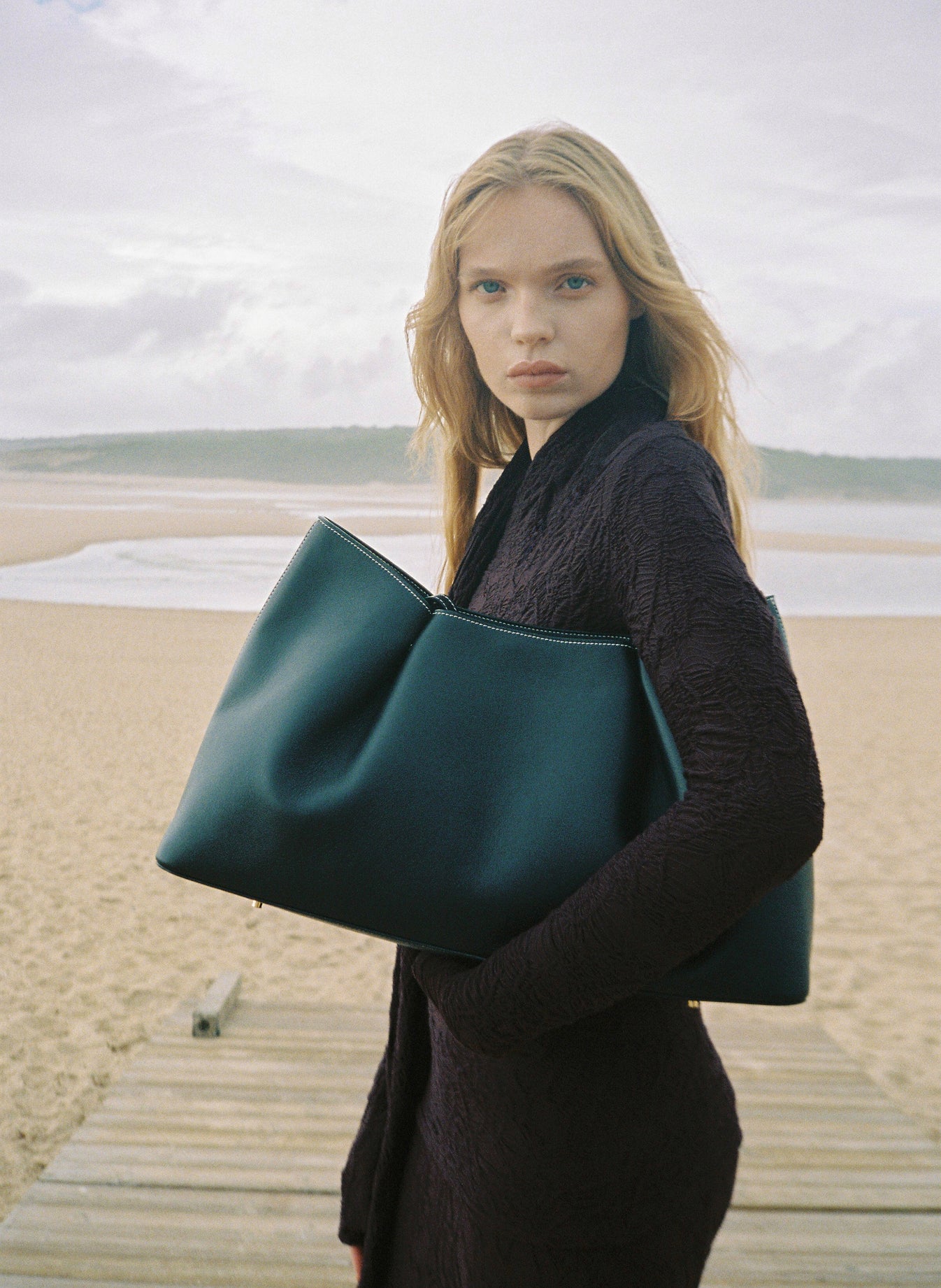 Dimple Tote Pebbled Leather Black White Stitches - Women's Work Bags ...