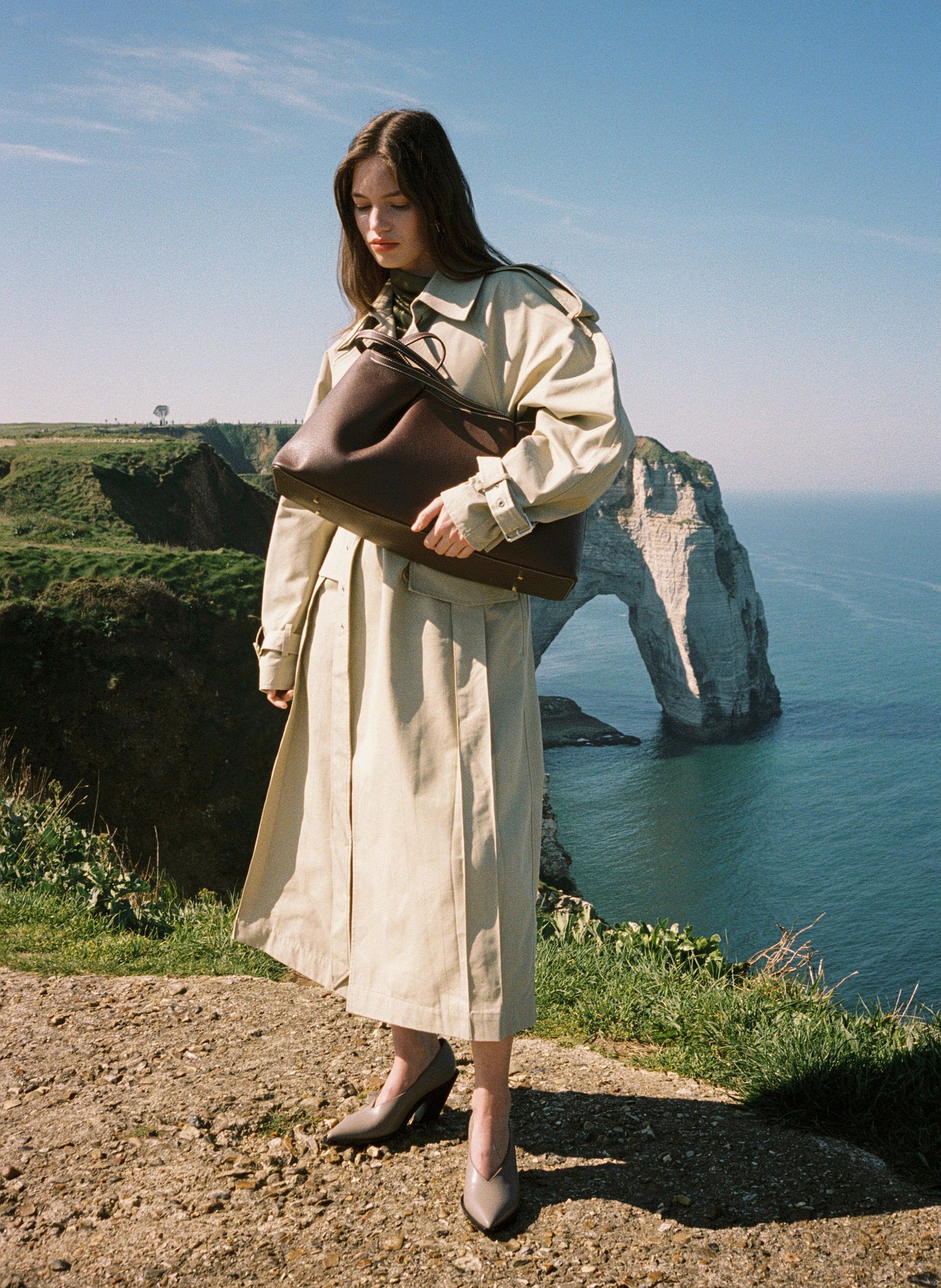 Dimple Tote Pebbled Leather Dark Brown White Stitches - Large Leather ...