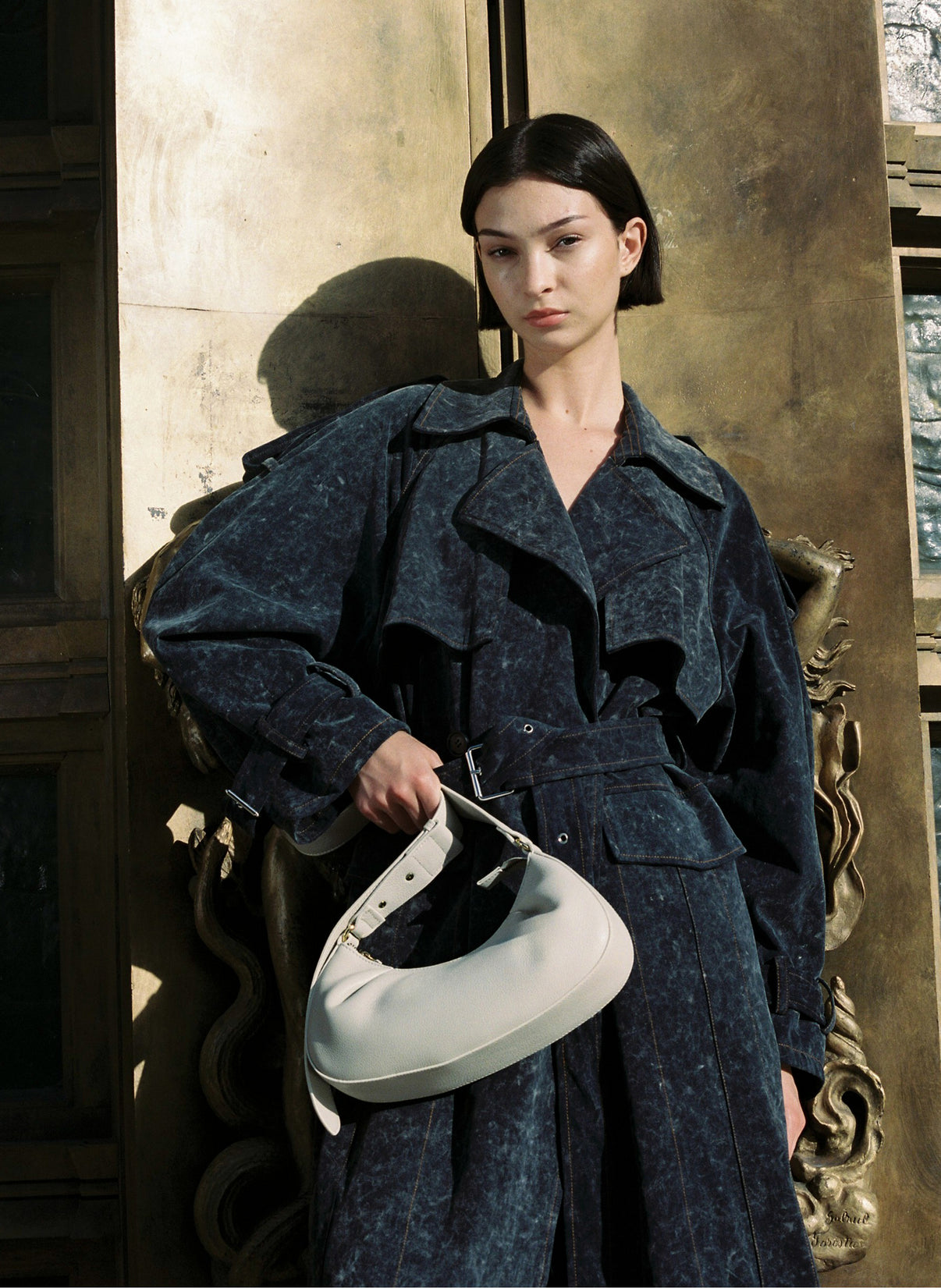 Dimple Moon Pebbled Leather Sesame - French Leather Bags - Elleme